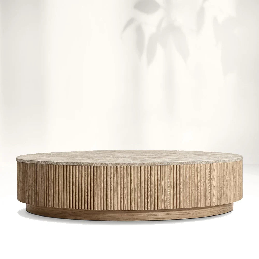 Housegent Mulho Oak Wood & Stone Round Coffee Table
